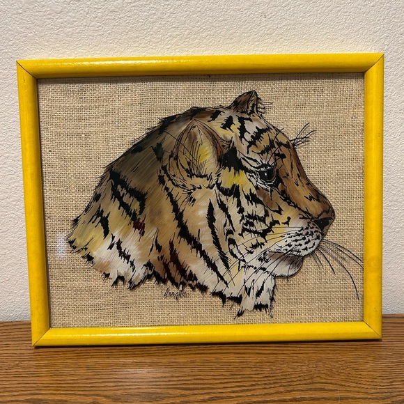 Annelle | Art | Reverse Painted Art Of Tiger In Yellow Wood Frame ...